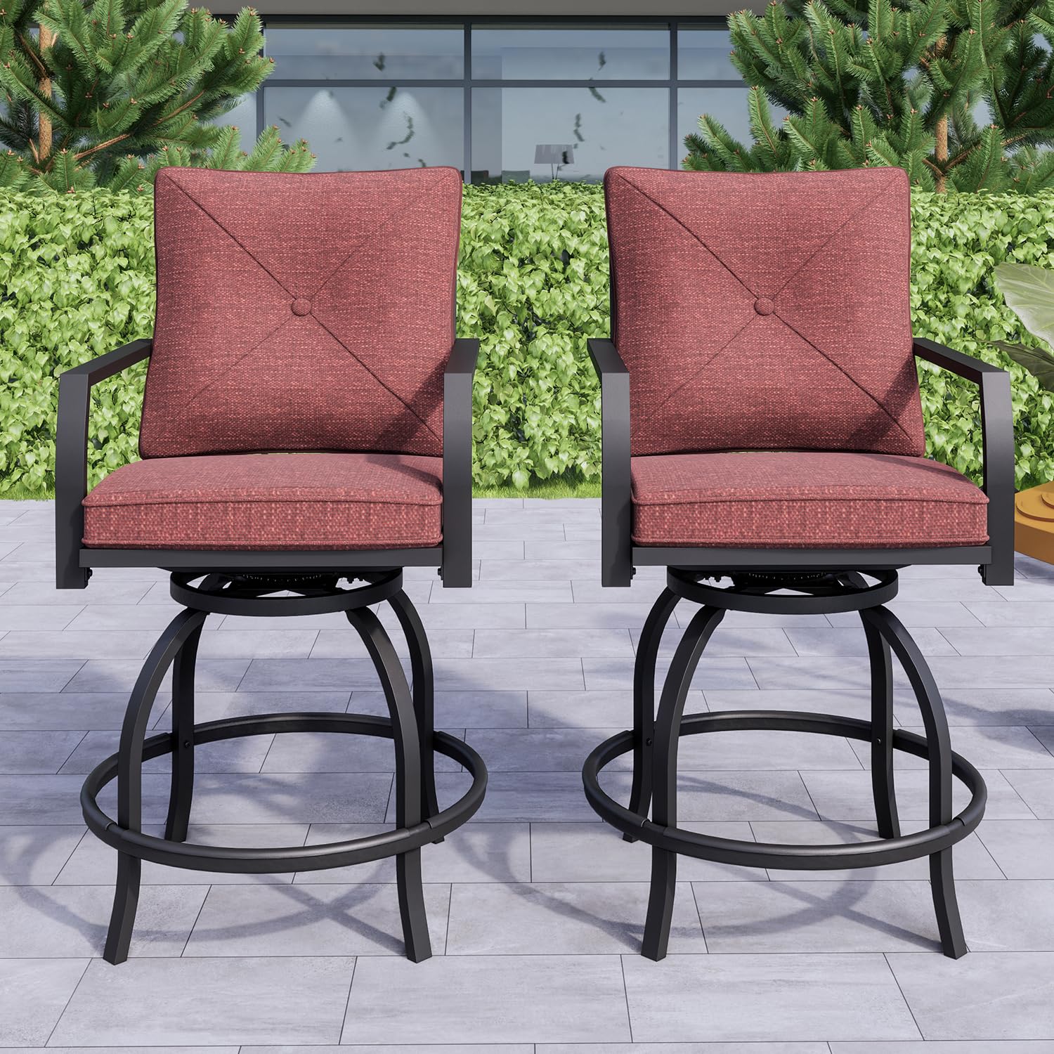 PatioFestival Outdoor Swivel Bar Stools Bar Height Patio Chair Set of 2 with Cushion & All Weather Steel Frame,Red