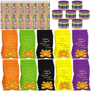 paterr 105 pcs religious halloween party favors 35 christian pumpkin plastic bags 35 christian halloween pencil 35 religious bible rubber wristband for religious halloween trick or treat party