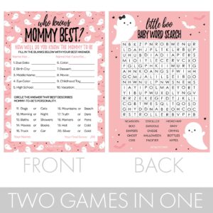 DISTINCTIVS Pink A Little Boo is Almost Due Girl Baby Shower Games - Who Knows Mommy Best and Word Search (2 Activity Game Bundle) - Set of 20 Player Cards, Halloween Baby Shower