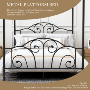 AUFANK Queen Size Four-Poster Metal Canopy Bed Frame with Headboard and Footboard Sturdy Slatted Structure No Box Spring Needed Black