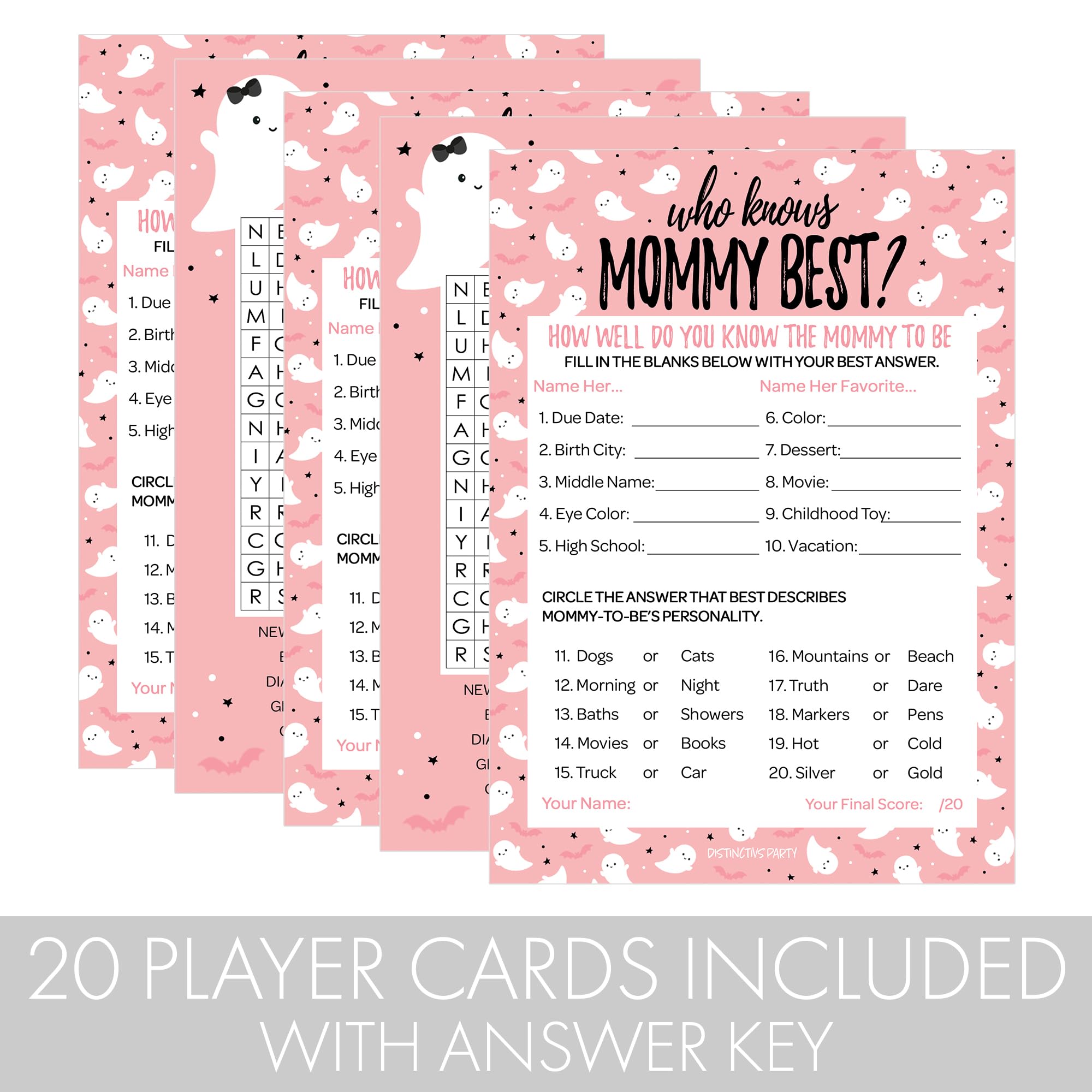 DISTINCTIVS Pink A Little Boo is Almost Due Girl Baby Shower Games - Who Knows Mommy Best and Word Search (2 Activity Game Bundle) - Set of 20 Player Cards, Halloween Baby Shower