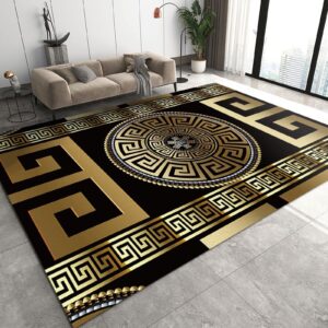 retro black gold greek key area rugs, 3d geometric print carpet, indoor non-slip kids rugs, machine washable breathable durable carpet for front entrance floor decor,2 x 3ft