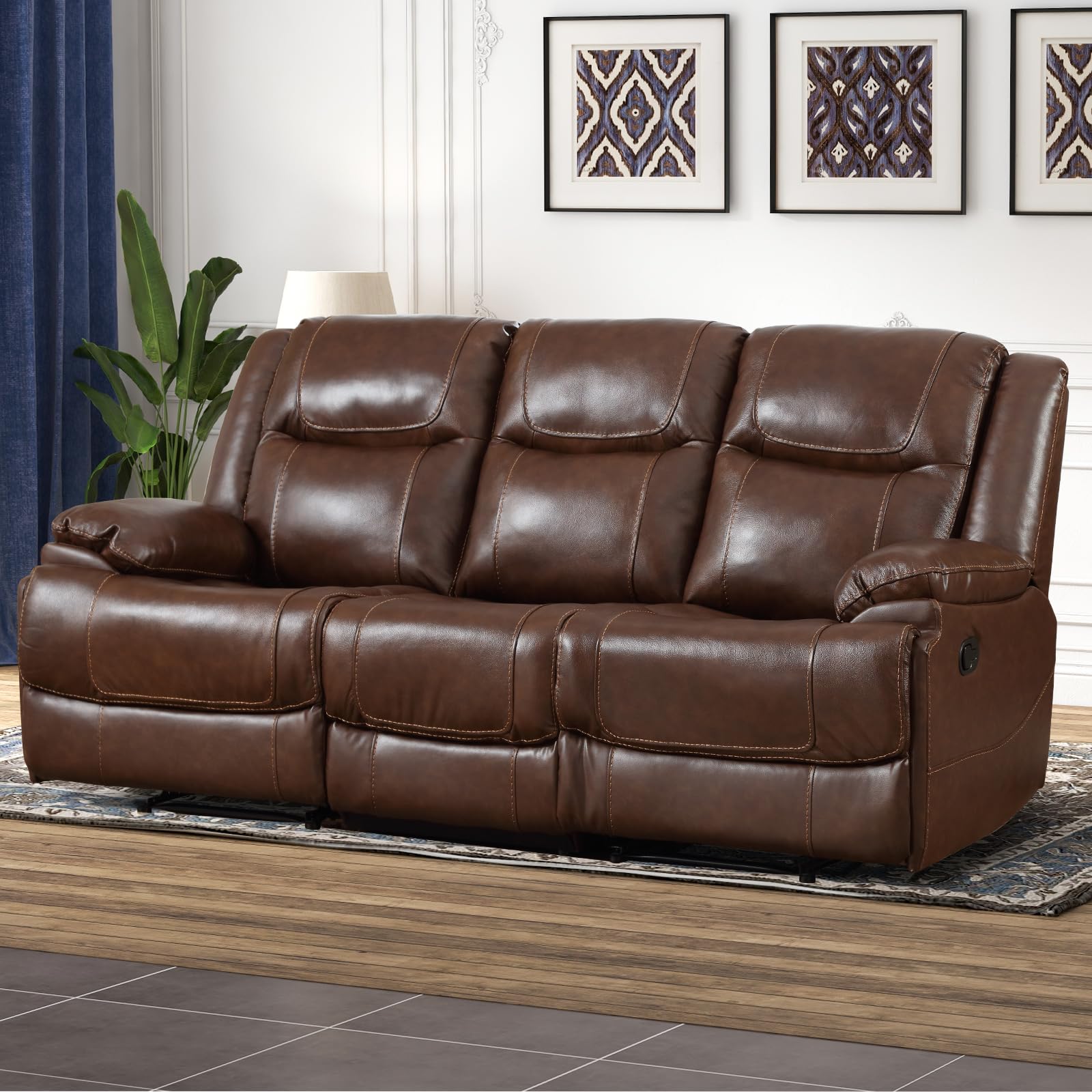 EBELLO Genuine Leather Manual Reclining Sofa, 3 Seat Recliner Sofa, Couch for Living Room, Bedroom Furniture, Meeting Room, Brown (3 Seat Sofa)