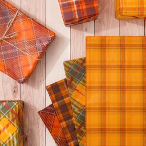 Whaline 100Pcs Fall Plaid Tissue Paper Orange Brown Farmhouse Gift Wrapping Paper Retro Thanksgiving Packaging Paper DIY Art Craft Paper for Autumn Home Birthday Party Gift Decor, 14 x 20 Inch