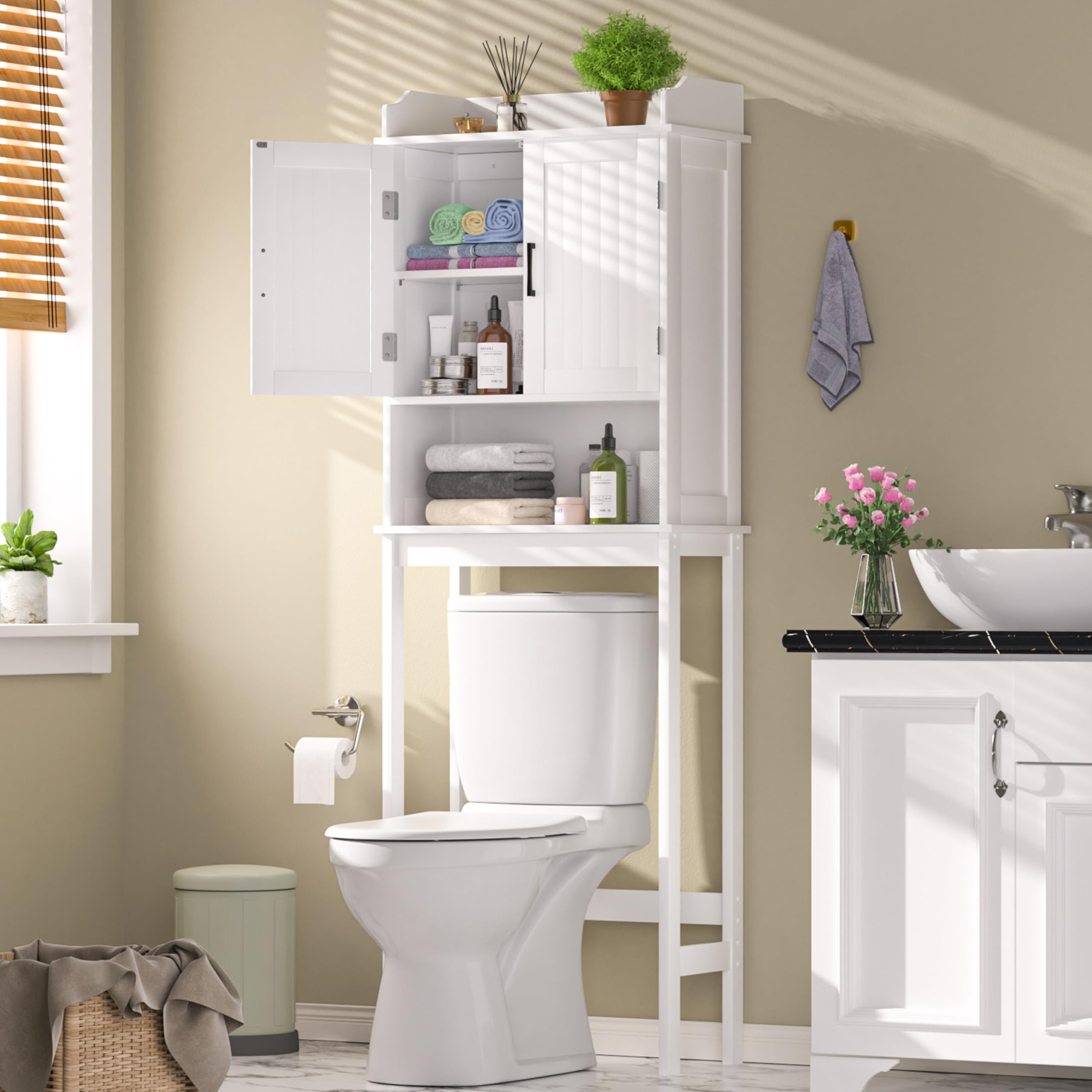 VEIKOU Over-The-Toilet Storage, Bathroom Cabinet Over Toilet, Freestanding Over The Toilet Storage Cabinet w/Adjustable Shelf & Storage Rack, White