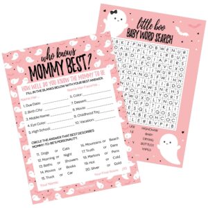 distinctivs pink a little boo is almost due girl baby shower games - who knows mommy best and word search (2 activity game bundle) - set of 20 player cards, halloween baby shower