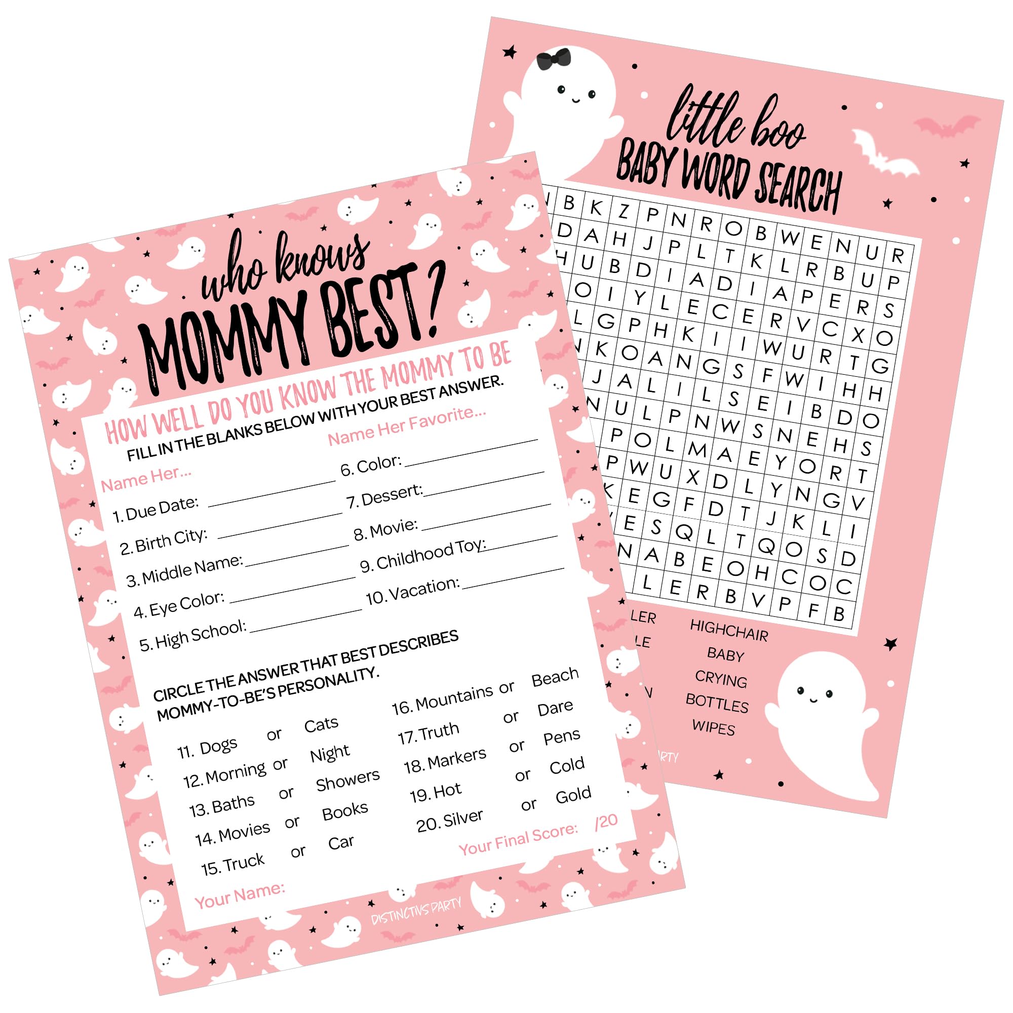 DISTINCTIVS Pink A Little Boo is Almost Due Girl Baby Shower Games - Who Knows Mommy Best and Word Search (2 Activity Game Bundle) - Set of 20 Player Cards, Halloween Baby Shower