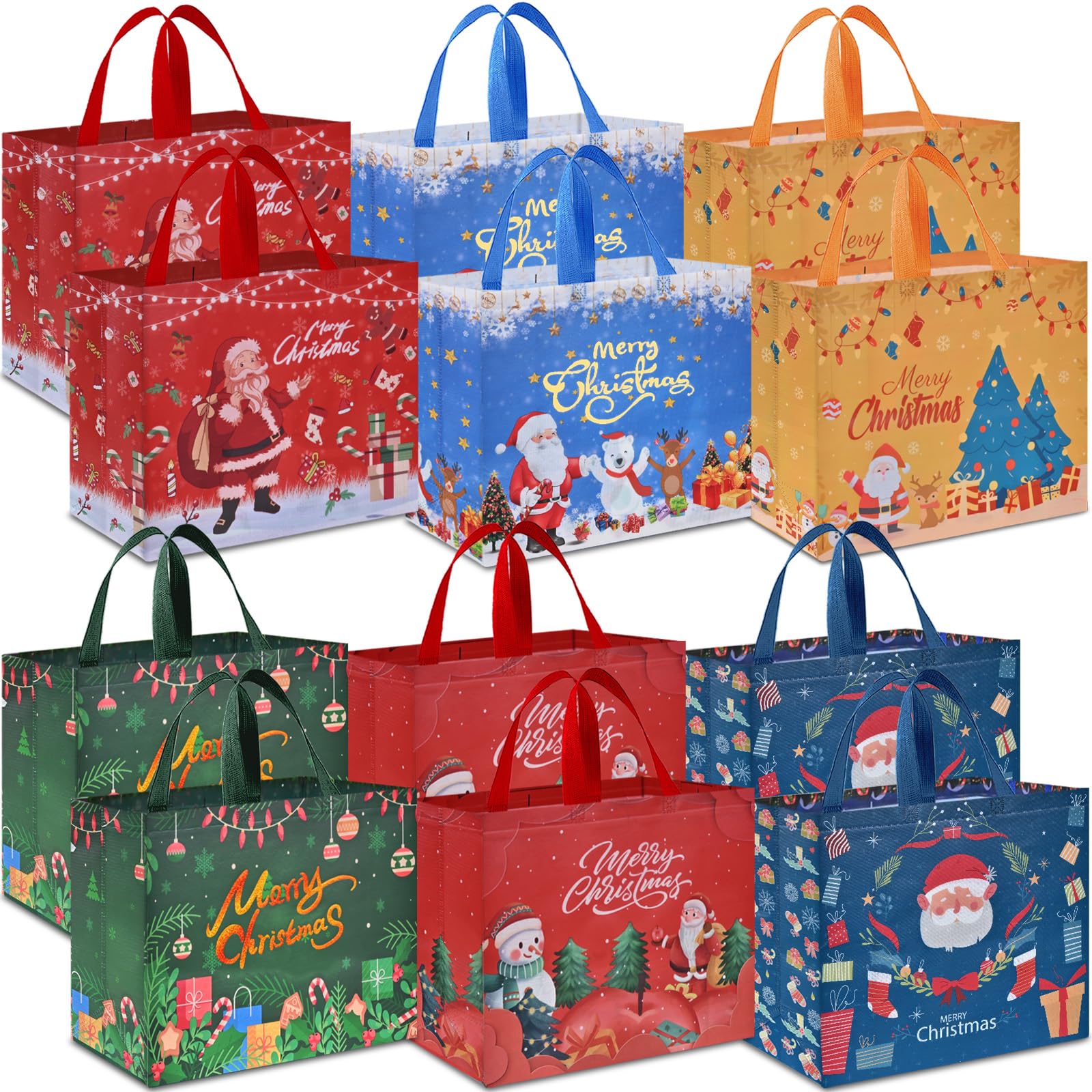 AhfuLife 12PCS Extra Large Christmas Gift Bags, 15.7'' x 14.2''x 5.9'', Christmas Tote Bags with Handles, Reusable Non-woven Christmas Shopping Bags for Xmas，New Year's Party Supplies Decorations