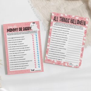 Pink A Little Boo is Almost Due Girl Baby Shower Games, Guess Who and All Things Halloween Matching Game (2 Game Bundle) - 20 Cards, Halloween Baby Shower