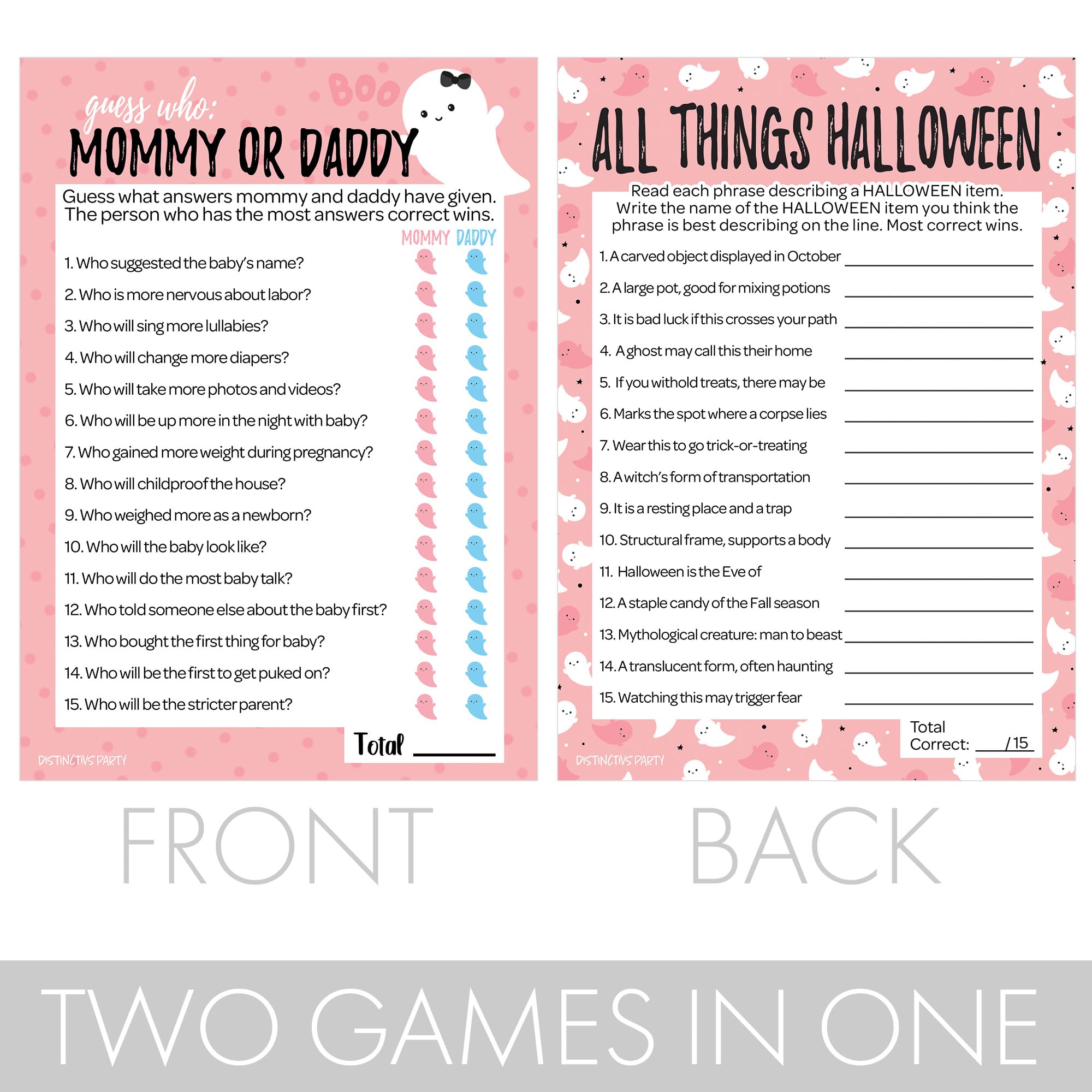 Pink A Little Boo is Almost Due Girl Baby Shower Games, Guess Who and All Things Halloween Matching Game (2 Game Bundle) - 20 Cards, Halloween Baby Shower