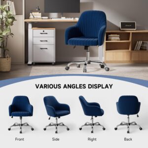 Warmiehomy Modern Home Office Chair with Wheels Mid-Back Upholstered Velvet Computer Task Chair for Small Space, Living Room, Make-up, Studying, Dark Blue Desk Chair