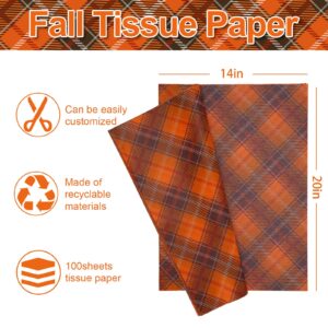 Whaline 100Pcs Fall Plaid Tissue Paper Orange Brown Farmhouse Gift Wrapping Paper Retro Thanksgiving Packaging Paper DIY Art Craft Paper for Autumn Home Birthday Party Gift Decor, 14 x 20 Inch