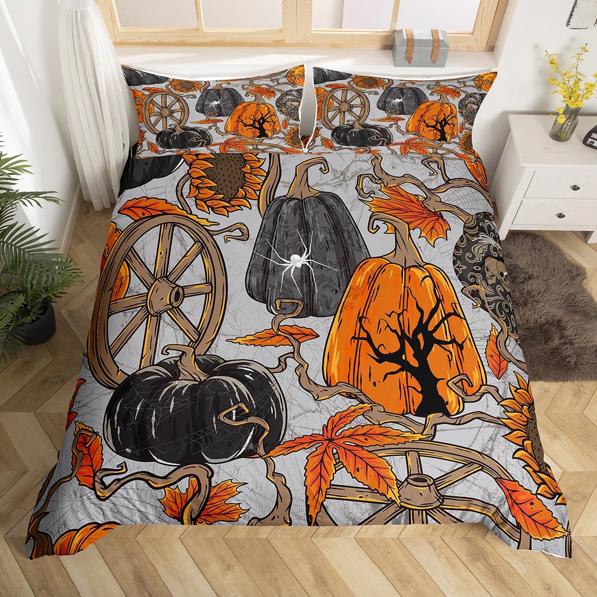 Feelyou Pumpkin Duvet Cover Full, Halloween Pumpkin Pumpkin Bedding Set Scary Halloween Comforter Cover Maple Leaves Bedspread Cover with 2 Pillow Case (No Comforter)