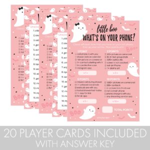 DISTINCTIVS Pink A Little Boo is Almost Due Girl Baby Shower Games - What's On Your Phone and Word Scramble (2 Game Bundle) - 20 Dual Sided Cards, Halloween Baby Shower