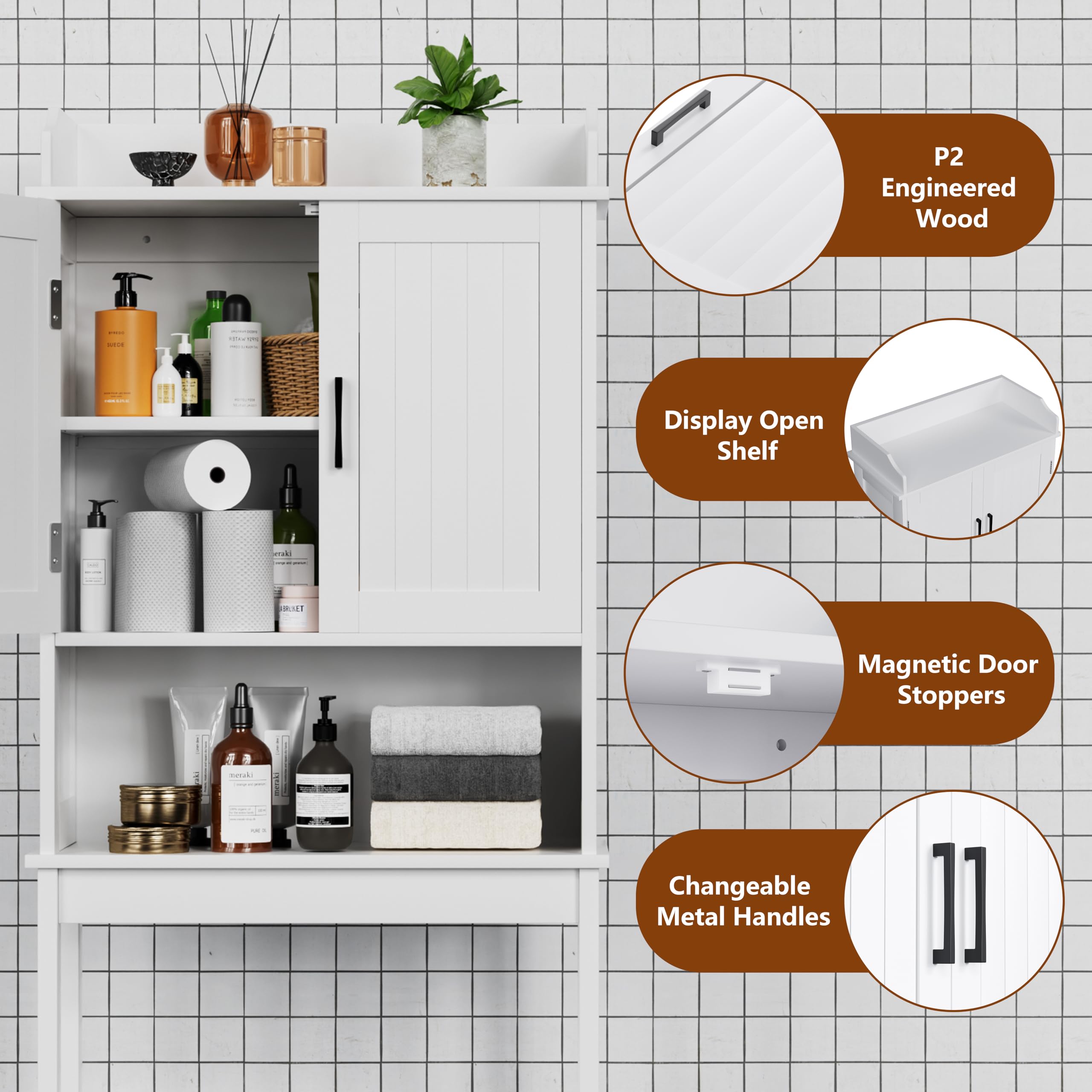 VEIKOU Over-The-Toilet Storage, Bathroom Cabinet Over Toilet, Freestanding Over The Toilet Storage Cabinet w/Adjustable Shelf & Storage Rack, White