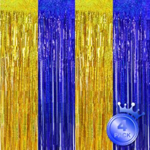 beishida 4 pcs blue and gold party streamers fringe foil curtain backdrop tinsel background party decoration for door wall graduation birthday wedding anniversary party decoration(3.28 ft x 8.2 ft)