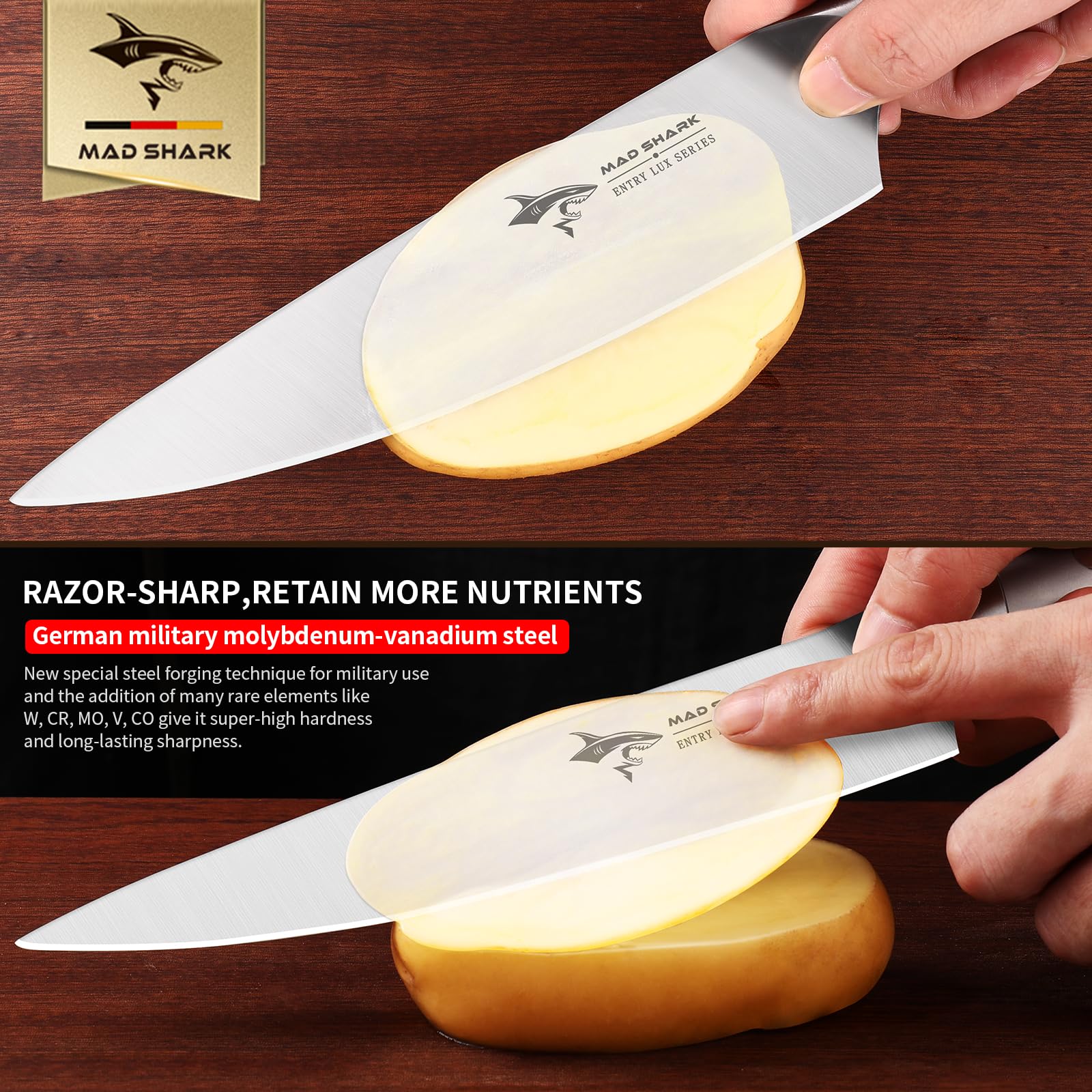 MAD SHARK Chef Knife 8 inch Kitchen Chef's Knife Ultra Sharp Cooking Knife, German Stainless Steel, Ergonomic Handle Design, Christmas Gifts for Women Men, Sliver