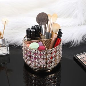 Hipiwe Crystal Vanity Organizer 360 Rotating Makeup Brush Holder Spinning Cosmetic Brushes Display Holder Gold Vanity Storage Holder Multi-Functional Desk Organizer for Eyebrow Pen Pencil, 4-Slot