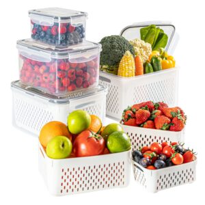 avux fruit storage containers for fridge (5 pcs) air tight food storage bins with lid | leak-proof rectangular containers to keep fruits, berries, veggies, and salad fresh for longer