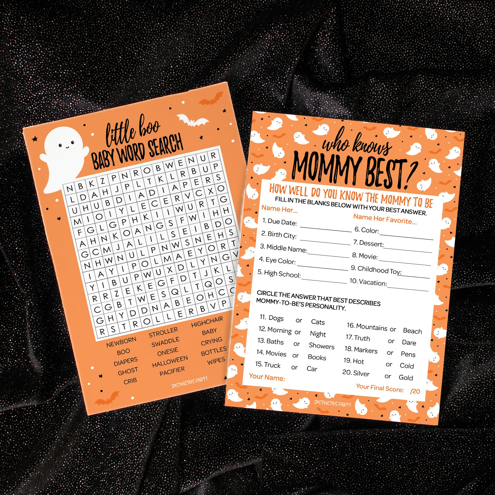 Orange Little Boo is Almost Due Halloween Baby Shower Party Games - Who Knows Mommy Best and Word Search (2 Activity Game Bundle) - Set of 20 Player Cards