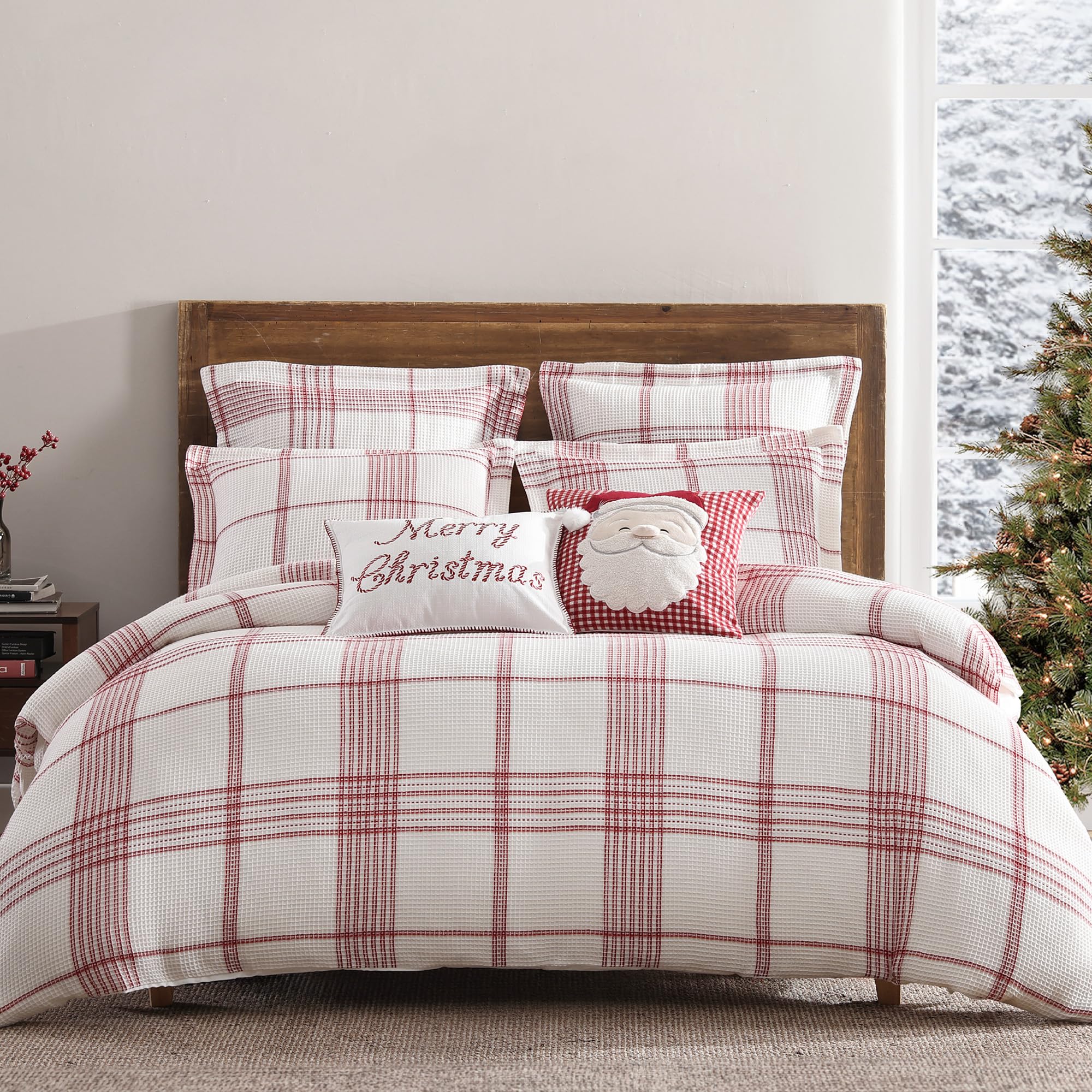 Levtex Home - Peppermint Plaid Christmas Duvet Cover Set - King Holiday Duvet Cover 106x94 and Two King Pillow Cases 20x36 - Red, Cream - Waffle Plaid - Cotton