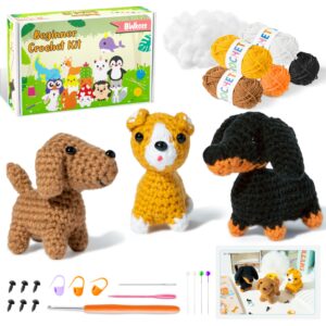 bwkoss crochet kit for beginners, cute animal dog crochet starter kit dachshund golden retriever welsh corgi diy yarn knitting craft supplies with step-by-step video tutorials for knitting enthusiast