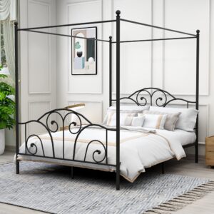 aufank queen size four-poster metal canopy bed frame with headboard and footboard sturdy slatted structure no box spring needed black