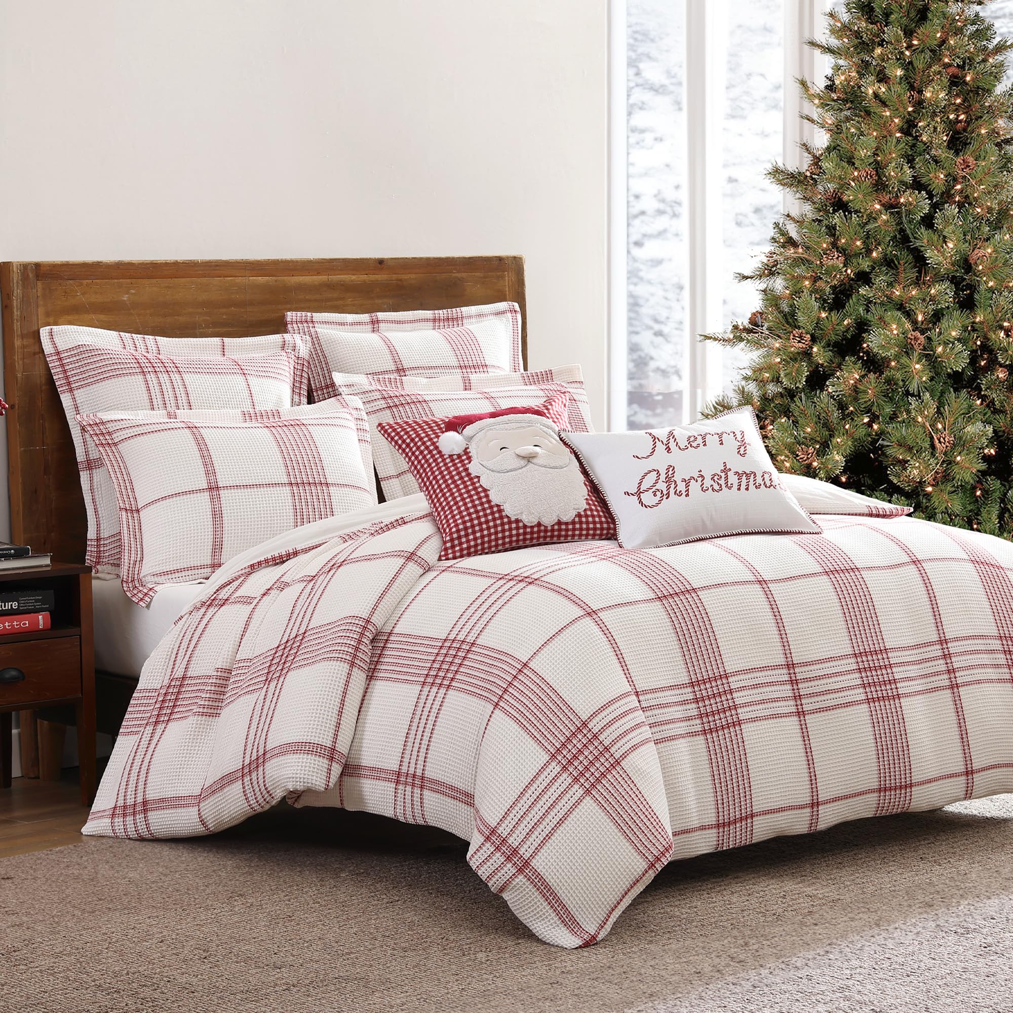 Levtex Home - Peppermint Plaid Christmas Duvet Cover Set - King Holiday Duvet Cover 106x94 and Two King Pillow Cases 20x36 - Red, Cream - Waffle Plaid - Cotton