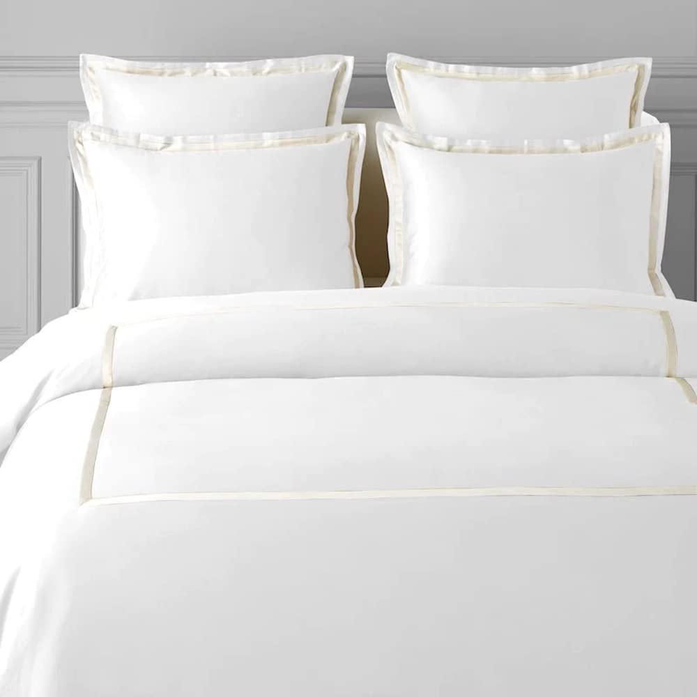 BEDLAM Full/Queen Size Duvet Cover Set - 3pcs 100% Cotton Duvet Cover, Includes a White Sateen Duvet Cover with a Cream Italian Border & 2 Cotton Pillowcases - 800TC Luxury Queen Duvet Cover Set