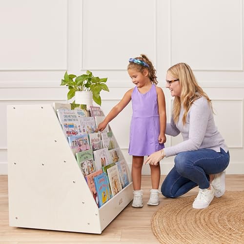 ECR4Kids Double-Sided Mobile Book Display with Storage, Classroom Bookshelf, White Wash