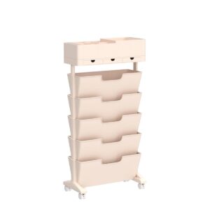 WOCFPLOHTD 6 Tier Rolling Cart,Open Bookcase and Bookshelf,Mobile Bookshelf with Wheels 3 Drawer,Storage Shelving Display Shelves,Narrow Rolling Storage Cart for Living Room, Bedroom, Kitchen (Pink)