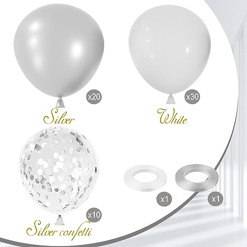 NEBURORA White and Silver Confetti Balloons 60pcs 12inch White Metallic Silver Confetti Balloons for Wedding Engagement Graduation Birthday Baby Shower Party Decorations