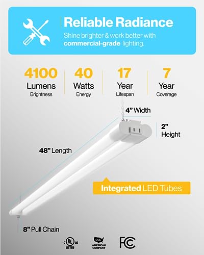 Sunco Linkable LED Utility Shop Light, 4500 LM, 5000K Daylight, 4 FT, 48 Inch Integrated Fixture for Garage, 40W Equivalent 150W, Surface + Suspension Mount, White