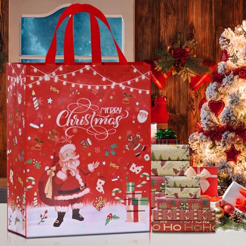 AhfuLife 4PCS Extra Large Christmas Gift Bags, 21.2'' x 16.1''x 6.3'', Jumbo Christmas Tote Bags with Handles, Reusable Non-woven Christmas Shopping Bags for New Year, Xmas's Party Supplies Decoration