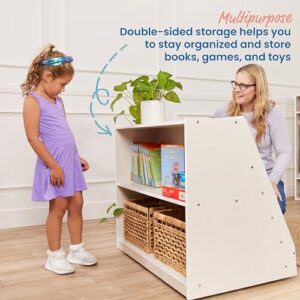 ECR4Kids Double-Sided Mobile Book Display with Storage, Classroom Bookshelf, White Wash