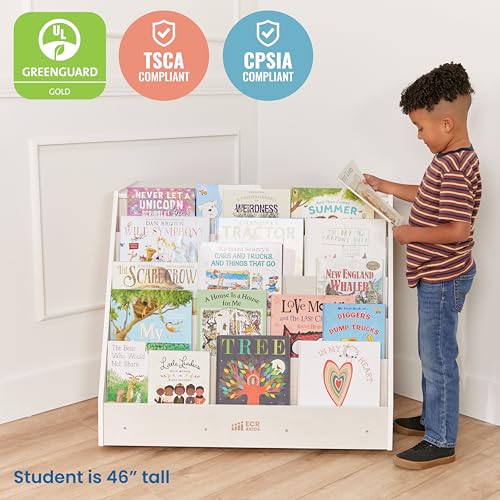 ECR4Kids Double-Sided Mobile Book Display with Storage, Classroom Bookshelf, White Wash