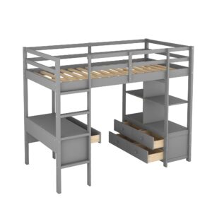 Harper & Bright Designs Twin Size Loft Bed with Desk and Storage, Wood High Loft Bed Frame with Shelves, Multifunctional Loft Bed Twin for Kids Teens Adults (Grey)