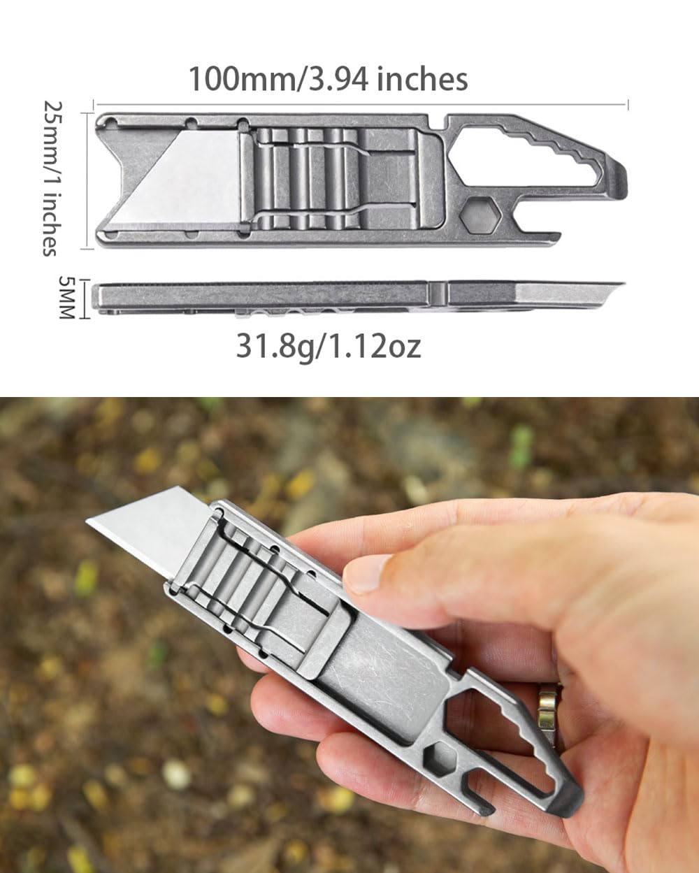 Tenchilon T394 Utility Knife, 10-in-1 Multi-Tool Retractable Pocket Knife, 3.94 inches Titanium Handle with Pry Bar, 10pcs Extra Replaceable SK5 Blades, Keychain Carry Box Cardboard Cutter EDC Knives