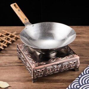 Luxshiny Wok Pan Non-stick Stainless Steel Stir Fry Pans With Wooden Handle 24cm Traditional Hand Hammered Round Bottom Woks Cooking Pot Cookware For Gas Induction Or Electric Stove