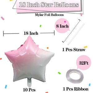 KALOR 18 Inch Gradient Pink Star Mylar Balloons, 10 Pcs Pink White Star Shape Foil Balloon Helium Balloons for Wedding, Baby Shower, Birthday Party Decorations