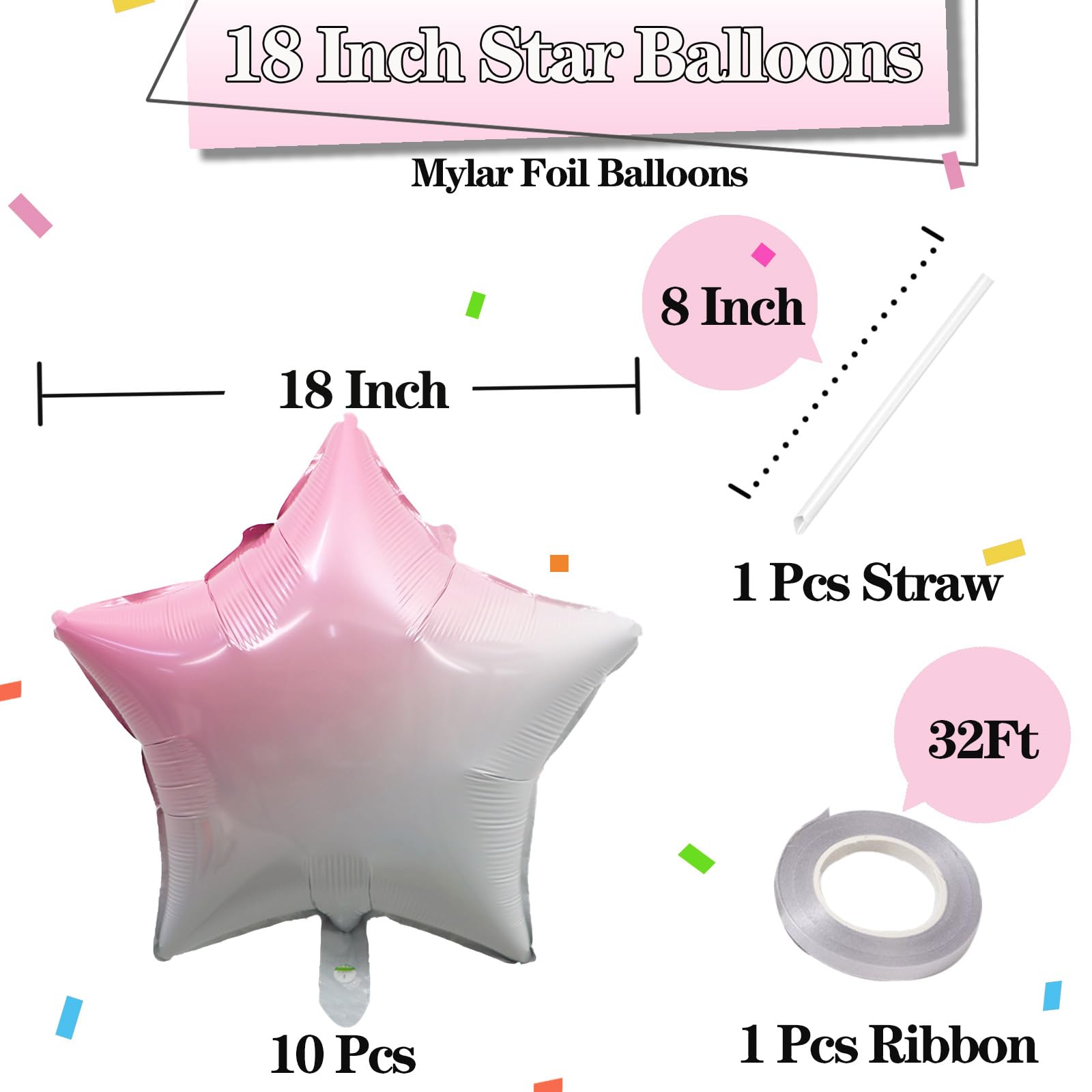 KALOR 18 Inch Gradient Pink Star Mylar Balloons, 10 Pcs Pink White Star Shape Foil Balloon Helium Balloons for Wedding, Baby Shower, Birthday Party Decorations