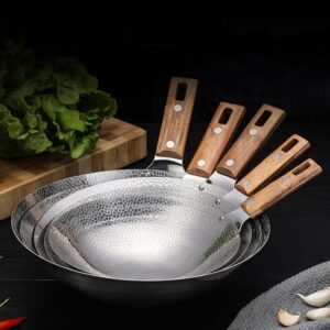 Luxshiny Wok Pan Non-stick Stainless Steel Stir Fry Pans With Wooden Handle 24cm Traditional Hand Hammered Round Bottom Woks Cooking Pot Cookware For Gas Induction Or Electric Stove