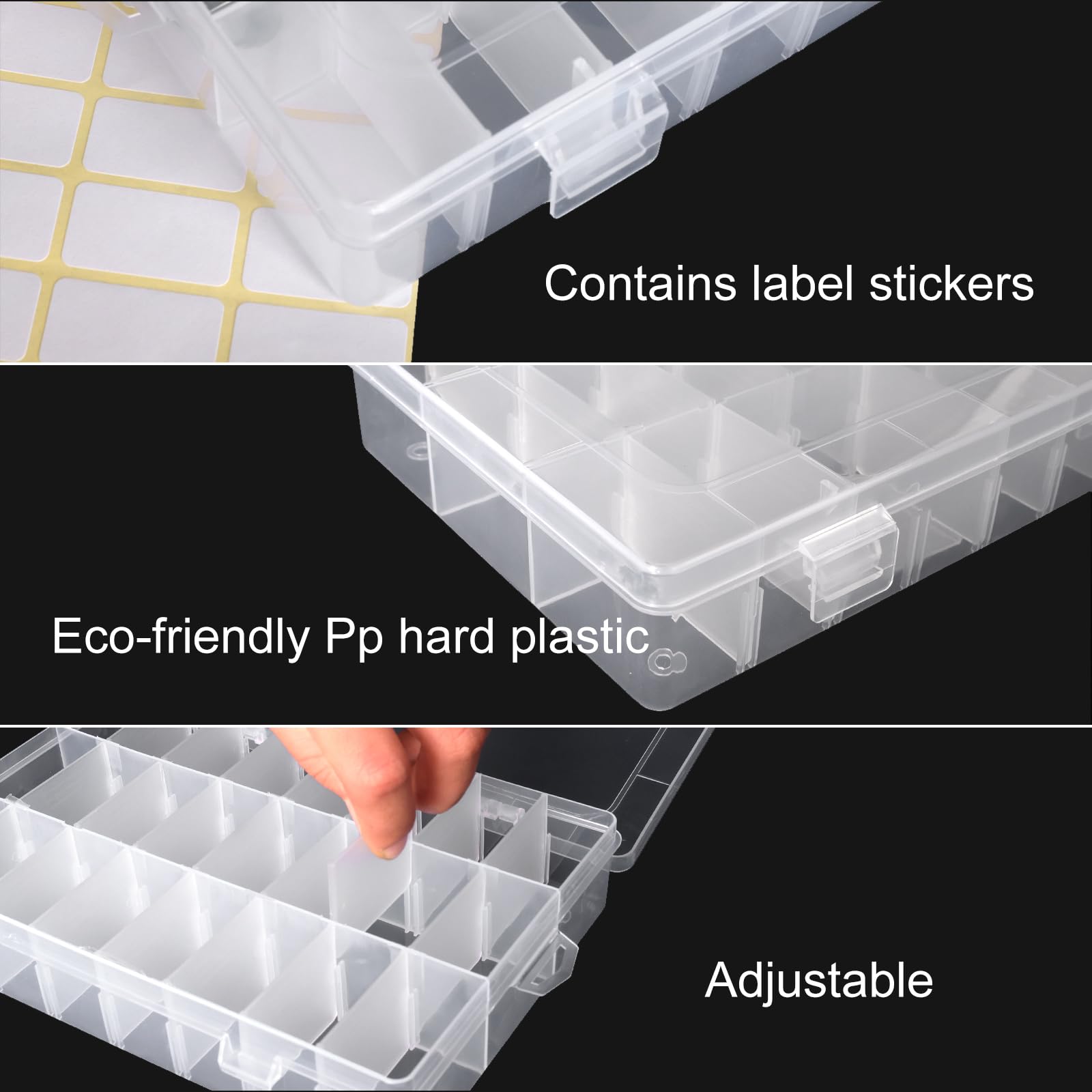 2 Pack 24 Grids Clear Plastic Organizer Box, Storage Container with Adjustable Divider, Craft and Bead Storage Organizer Box for DIY Crafts Jewelry Fishing Tackles with 1 Sheets Label Stickers