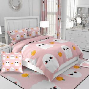 Erosebridal Halloween Bedding Set Cartoon Ghost Comforter Cover Halloween Pumpkin Decorations,Gothic Pumpkin Lights Duvet Cover Twin,Kawaii Shadows Pink Room Decor Halloween Decorations Indoor