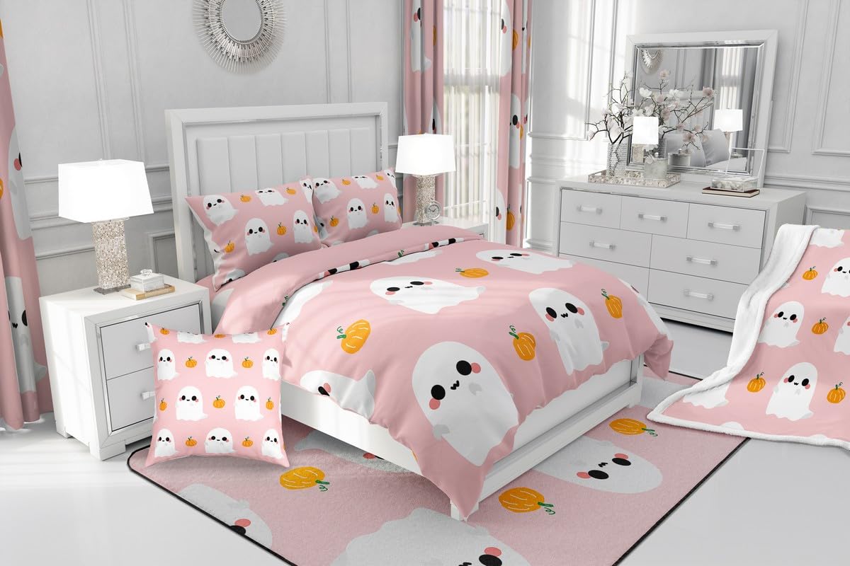 Erosebridal Halloween Bedding Set Cartoon Ghost Comforter Cover Halloween Pumpkin Decorations,Gothic Pumpkin Lights Duvet Cover Twin,Kawaii Shadows Pink Room Decor Halloween Decorations Indoor