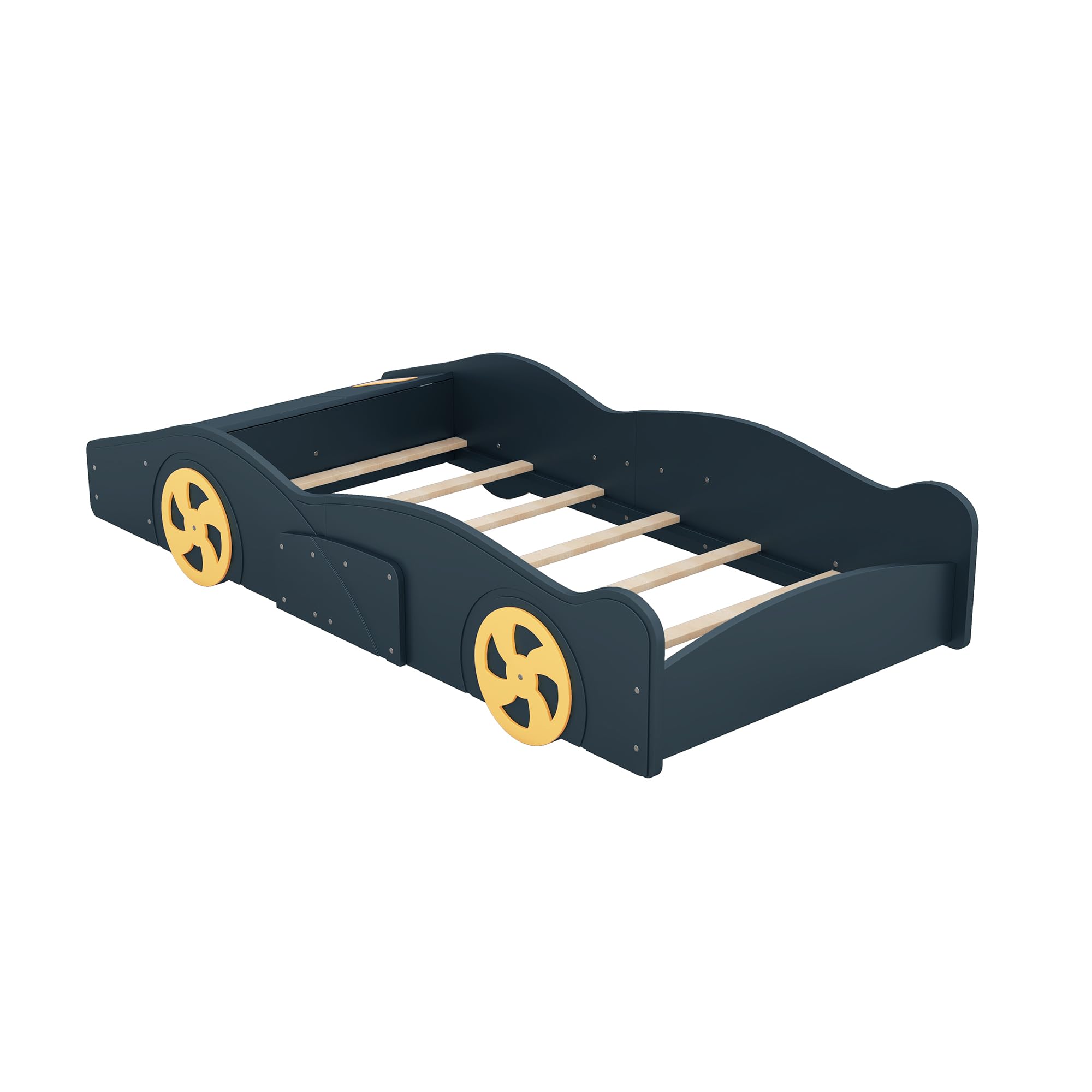 Harper & Bright Designs Twin Size Car-Shaped Platform Bed with Storage and Wheels, Kids Twin Bed Montessori Bed Wood Frame, Slats Included, No Box Spring Needed (Dark Blue+Yellow)