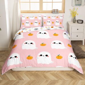 Erosebridal Halloween Bedding Set Cartoon Ghost Comforter Cover Halloween Pumpkin Decorations,Gothic Pumpkin Lights Duvet Cover Twin,Kawaii Shadows Pink Room Decor Halloween Decorations Indoor