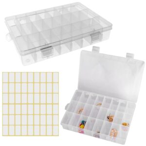 2 pack 24 grids clear plastic organizer box, storage container with adjustable divider, craft and bead storage organizer box for diy crafts jewelry fishing tackles with 1 sheets label stickers