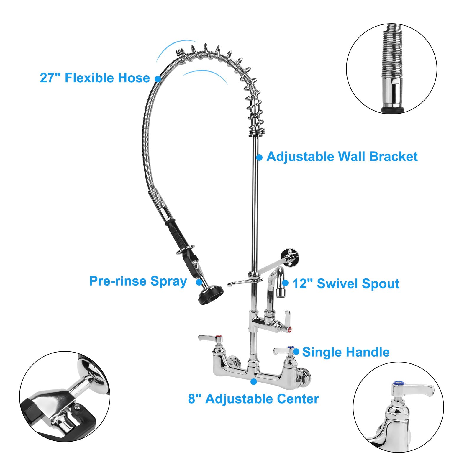 uxcell Commercial Sink Faucet with Pre-Rinse Sprayer, Wall Mount Faucet with 12" Swivel Spout 8" Center 36" Height Pre Rinse Faucet for Chrome Solid Brass