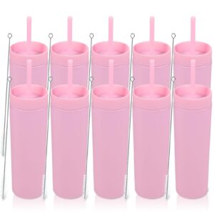 volhoply 16oz plastic skinny tumbler with lid and straw bulk 10 pack,insulated double wall bpa free matte acrylic tumblers,iced coffee travel mug reusable party cup,customizable diy gifts(pink,10 set)